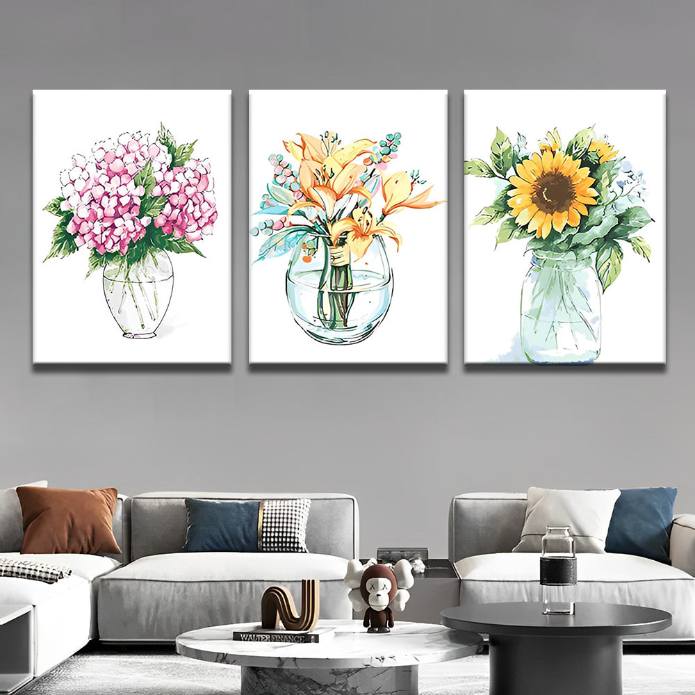 Malen nach Zahlen - Blumen in den Flaschen 3-teilig Triptychon – Liebeart.de