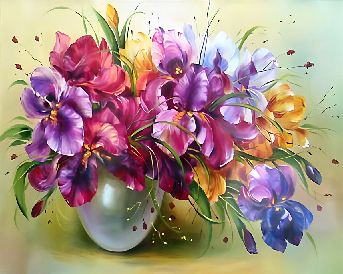 Malen nach Zahlen Erwachsene - Bunte Irisblumen in einer Vase – Liebeart.de