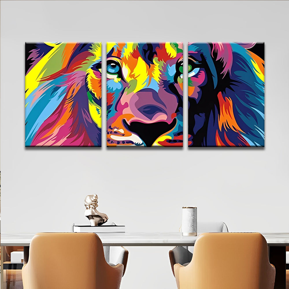 Malen nach Zahlen für Erwachsene - Bunter Löwe 3-teilig Triptychon – Liebeart.de