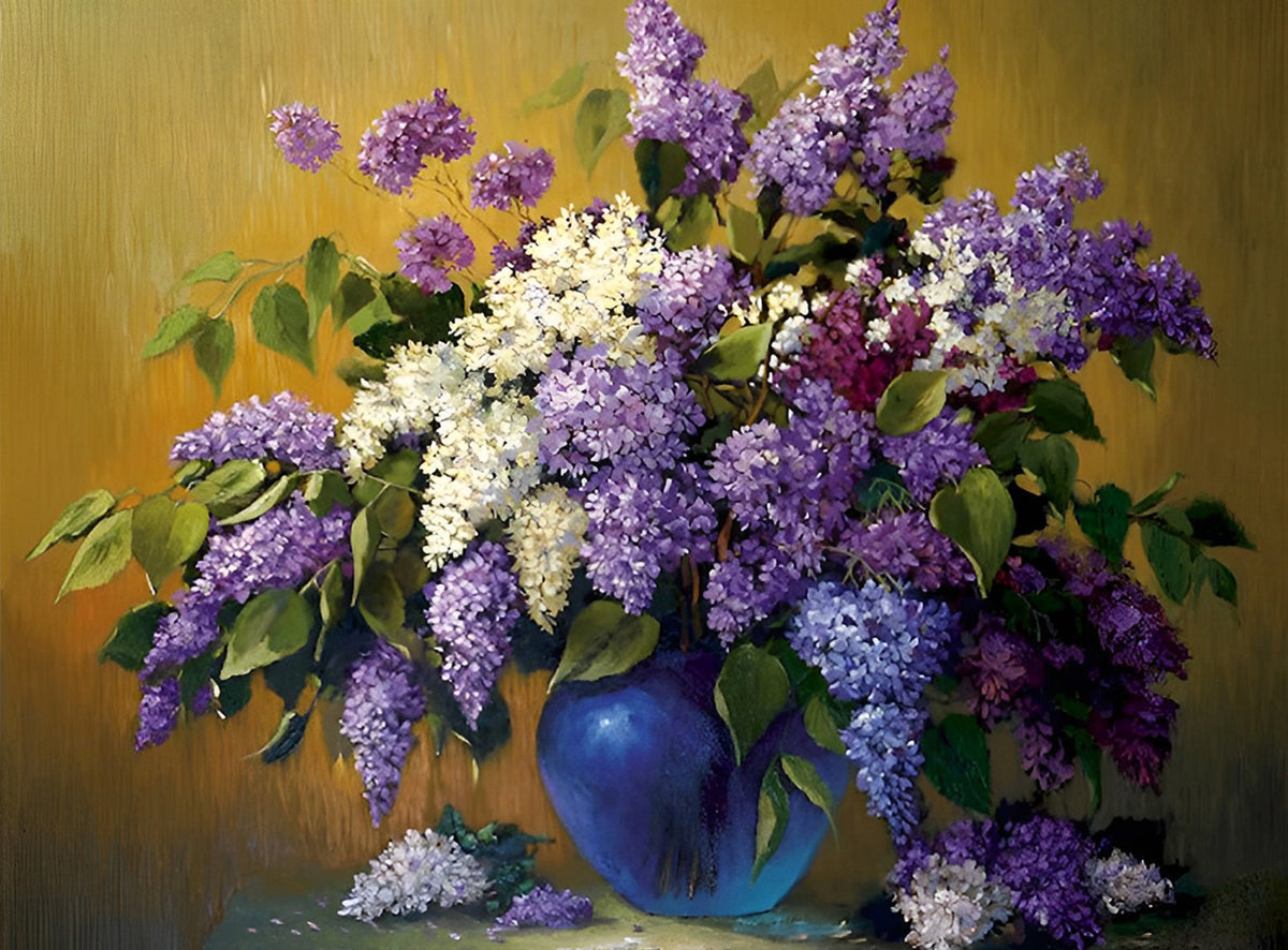 Malen nach Zahlen Erwachsene - Fliederblumenstrauß in einer blauen Vase – Liebeart.de