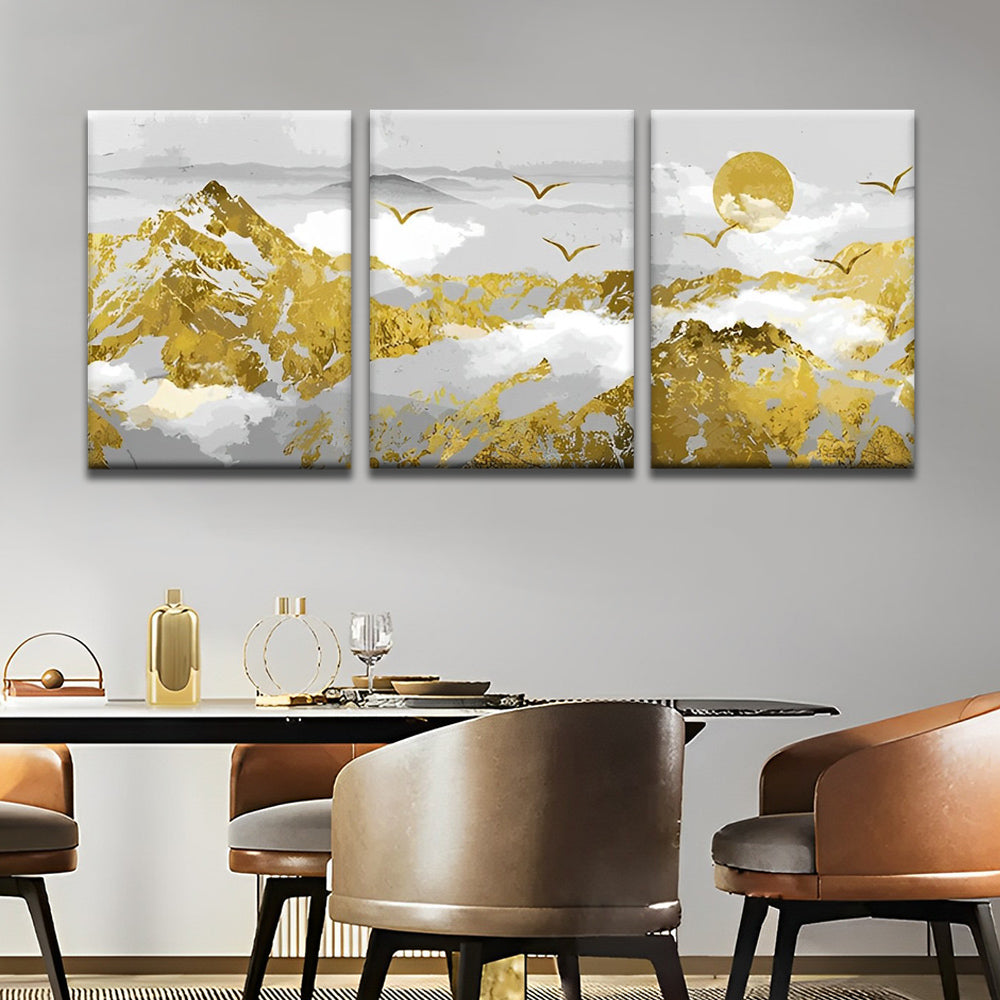 Malen nach Zahlen - Goldene Sonne, Vögel und Berge 3-teilig Triptychon – Liebeart.de