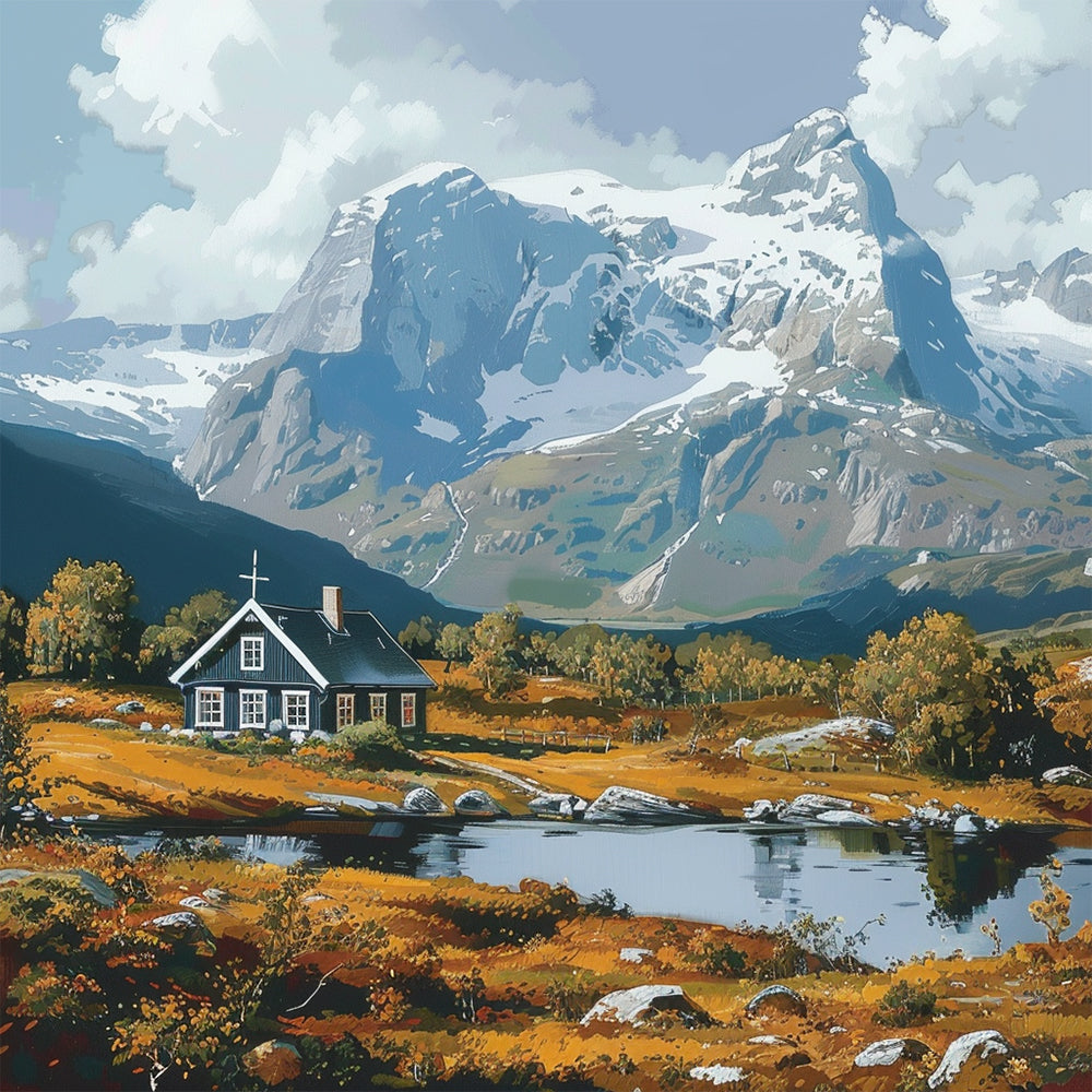 Hütte unter dem Verschneiten Berg Malen nach Zahlen – Liebeart.de