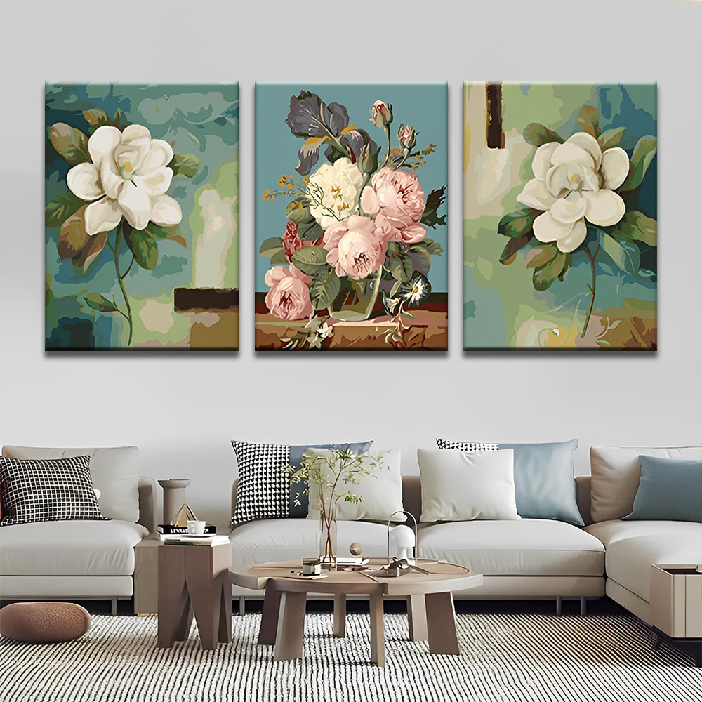 Malen nach Zahlen Erwachsene - Jasmin und Pfingstrose 3-teilig Triptychon – Liebeart.de