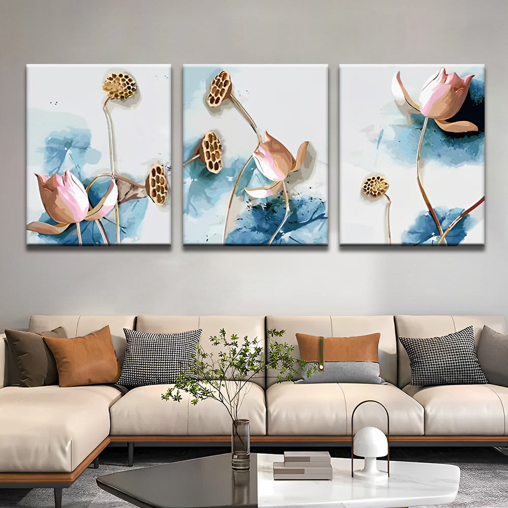 Malen nach Zahlen Erwachsene - Lotusblume und Lotusknospe 3-teilig Triptychon – Liebeart.de