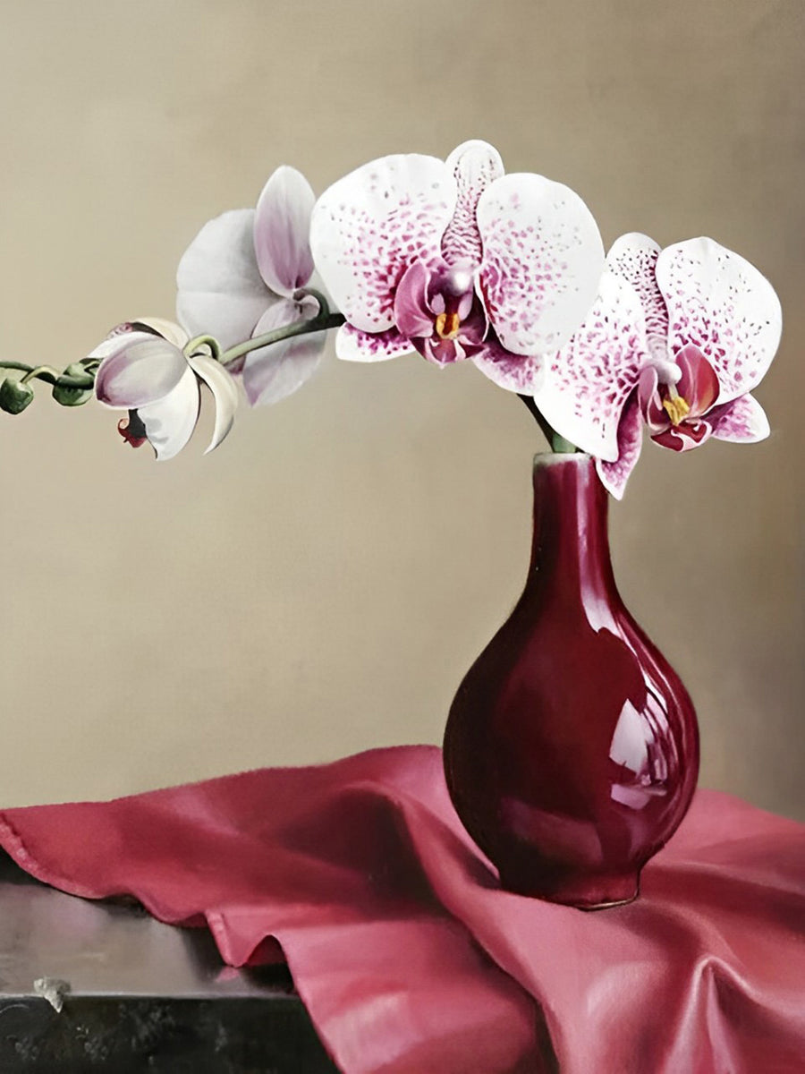 Malen nach Zahlen Erwachsene - Orchideen in einer roten Vase – Liebeart.de