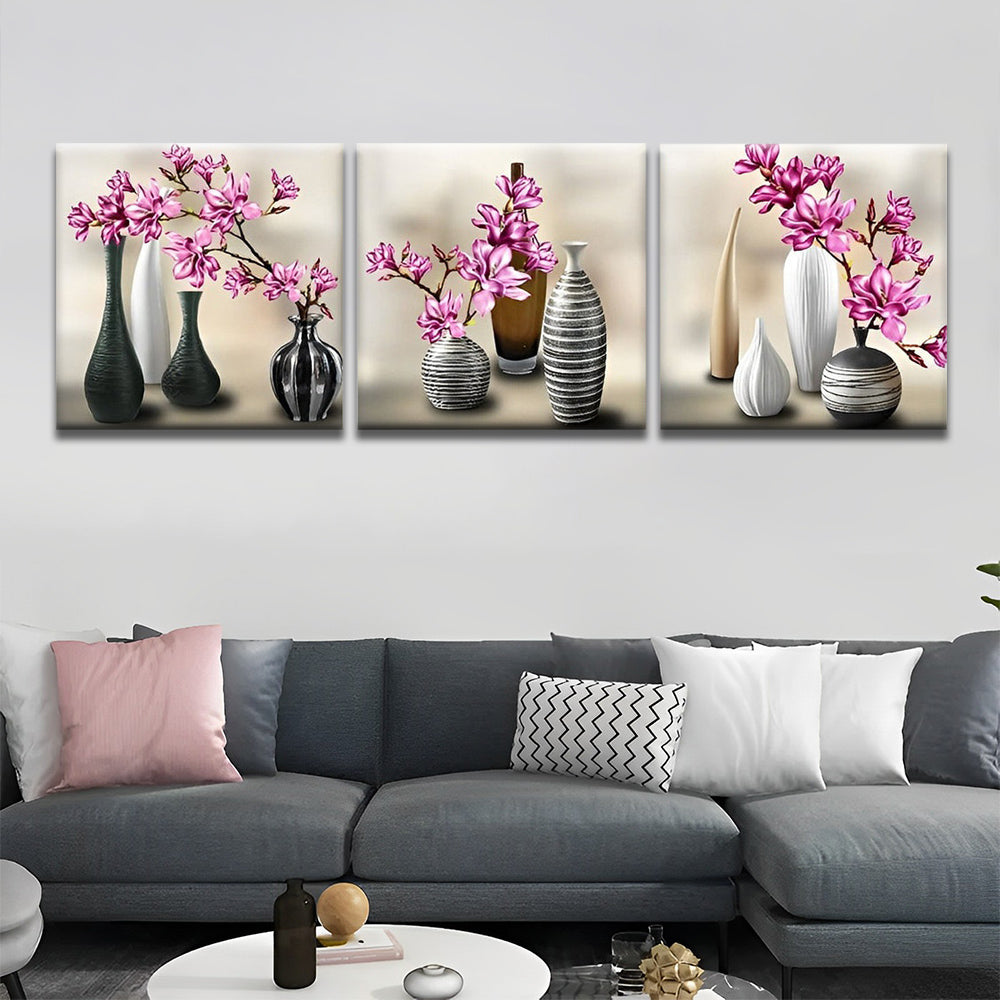 Malen nach Zahlen Erwachsene - Rosa Blumen in den Flaschen 3-teilig Triptychon – Liebeart.de