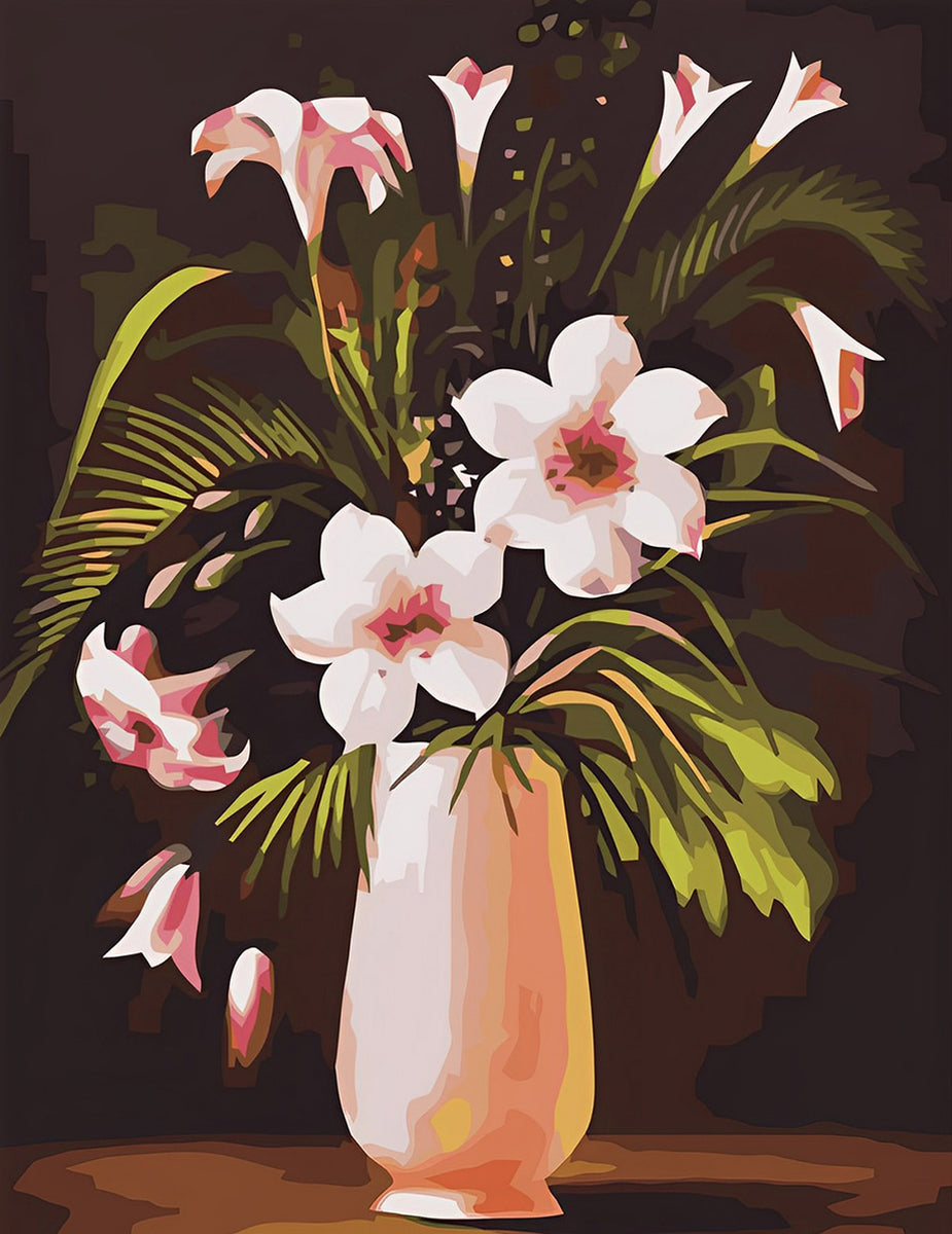 Malen nach Zahlen Erwachsene - Rosa Blumen in einer weißen Vase – Liebeart.de