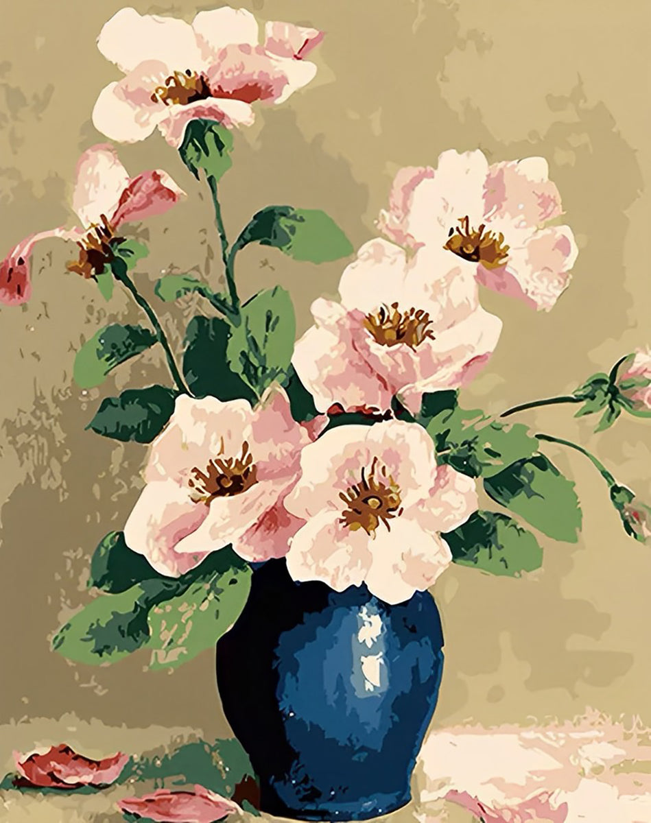 Malen nach Zahlen Erwachsene - Rosa Mohnblumen in einer blauen Vase – Liebeart.de