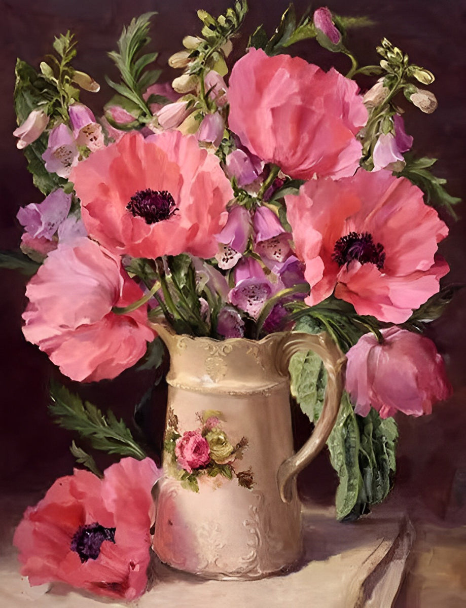 Malen nach Zahlen Erwachsene - Rosa Mohnblumen in einer Vase – Liebeart.de