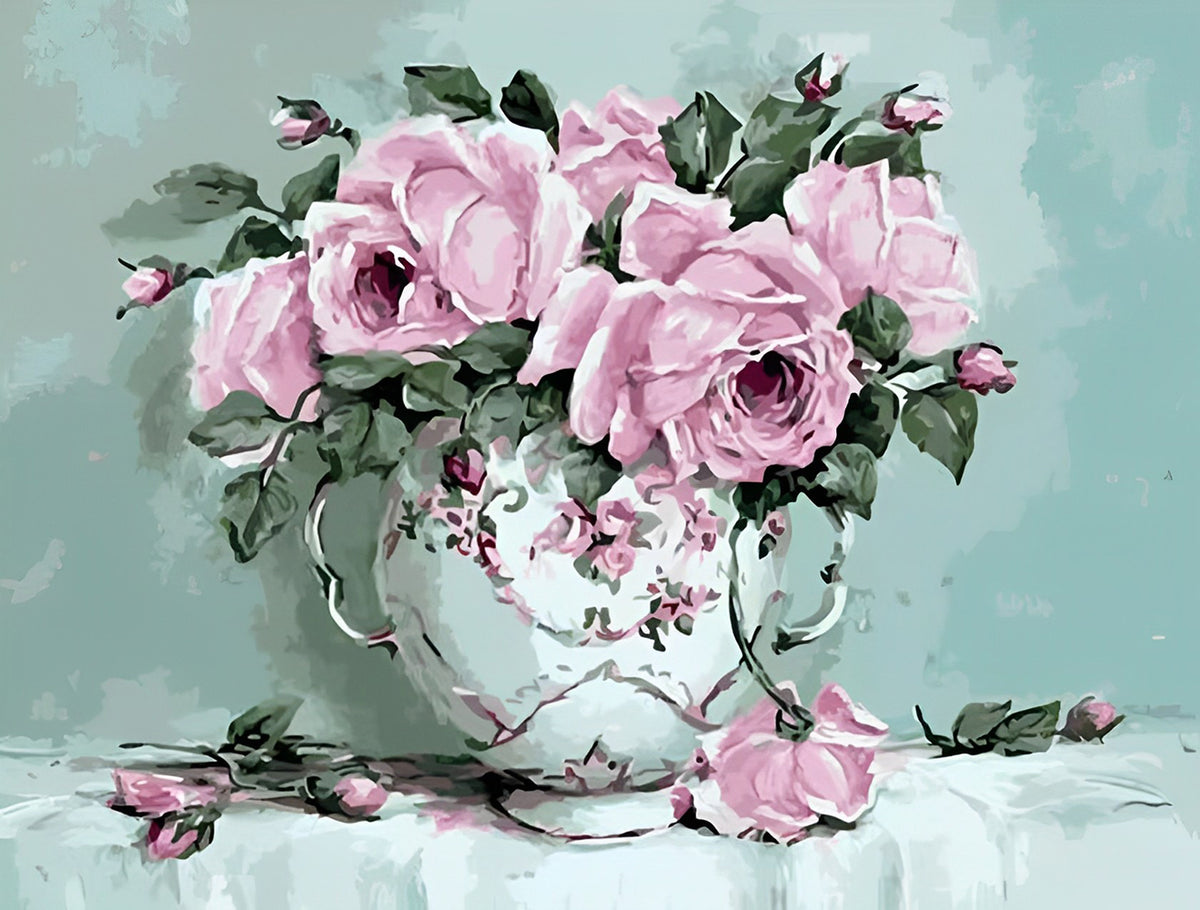Malen nach Zahlen Erwachsene - Rosa Rosen in einer weißen Vase – Liebeart.de
