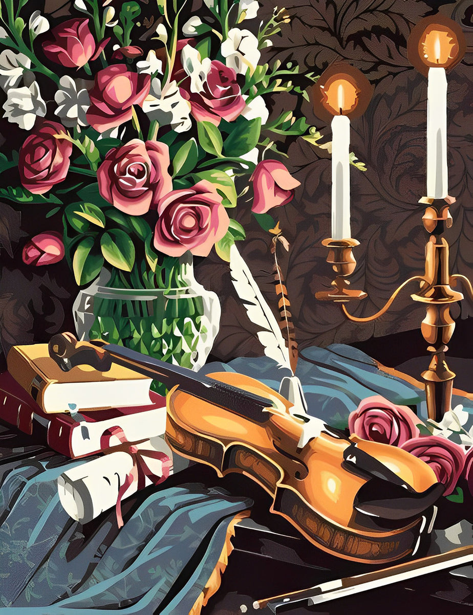 Malen nach Zahlen Erwachsene - Rosen, Geige und Kerzen – Liebeart.de
