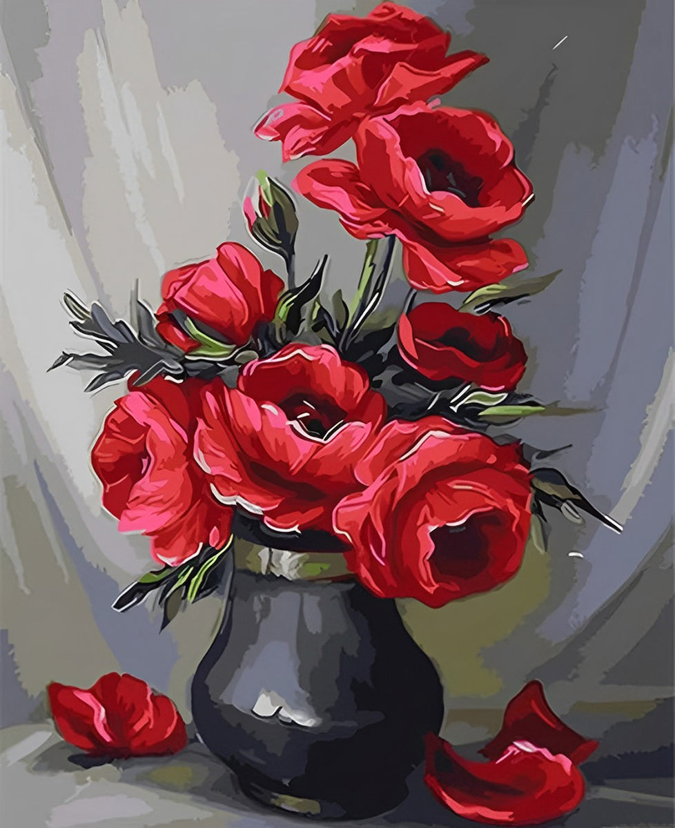 Malen nach Zahlen Erwachsene - Rote Mohnblumen in einer schwarzen Vase – Liebeart.de
