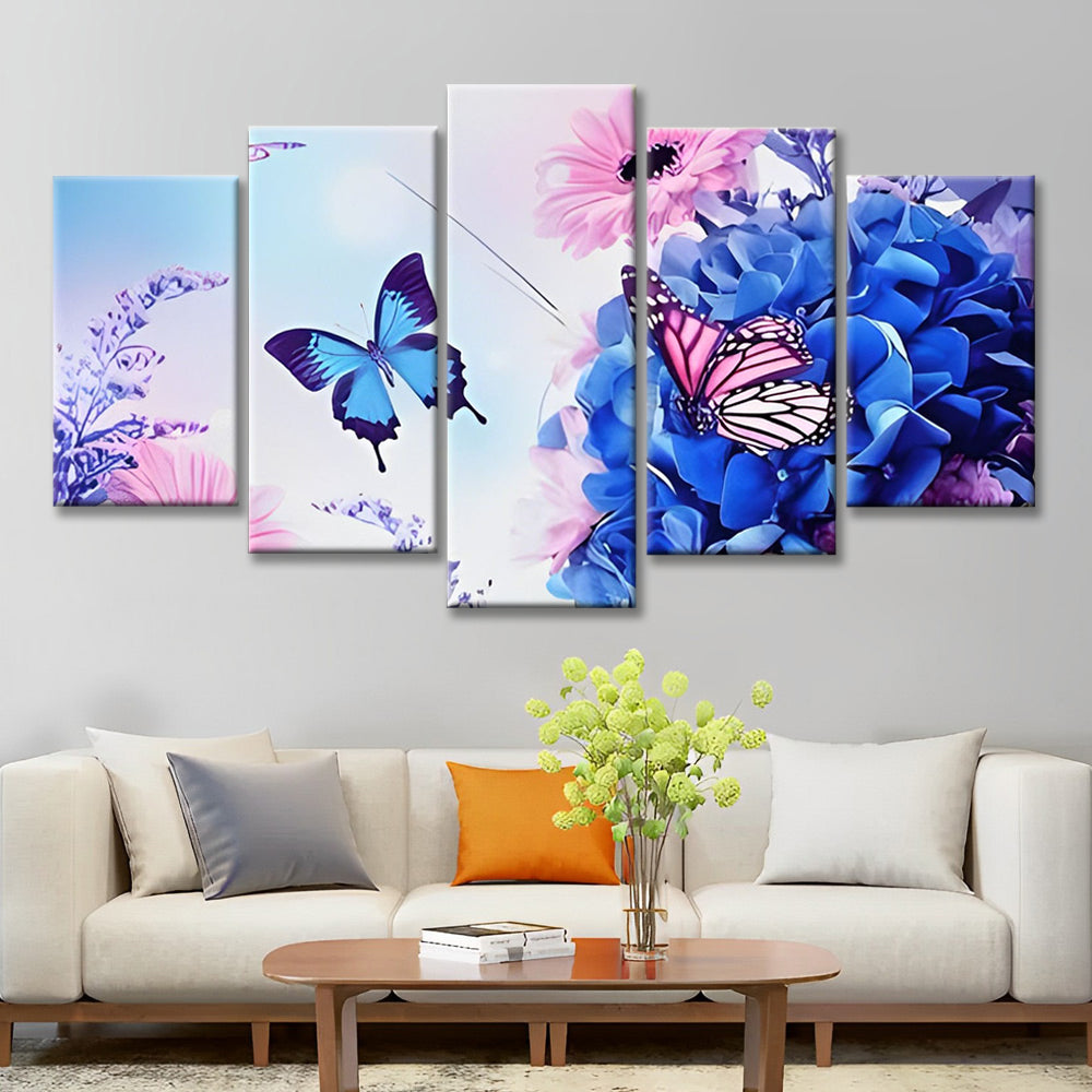 Malen nach Zahlen Erwachsene - Schmetterlinge und blaue Blumen 5-teilig Sonderformat – Liebeart.de