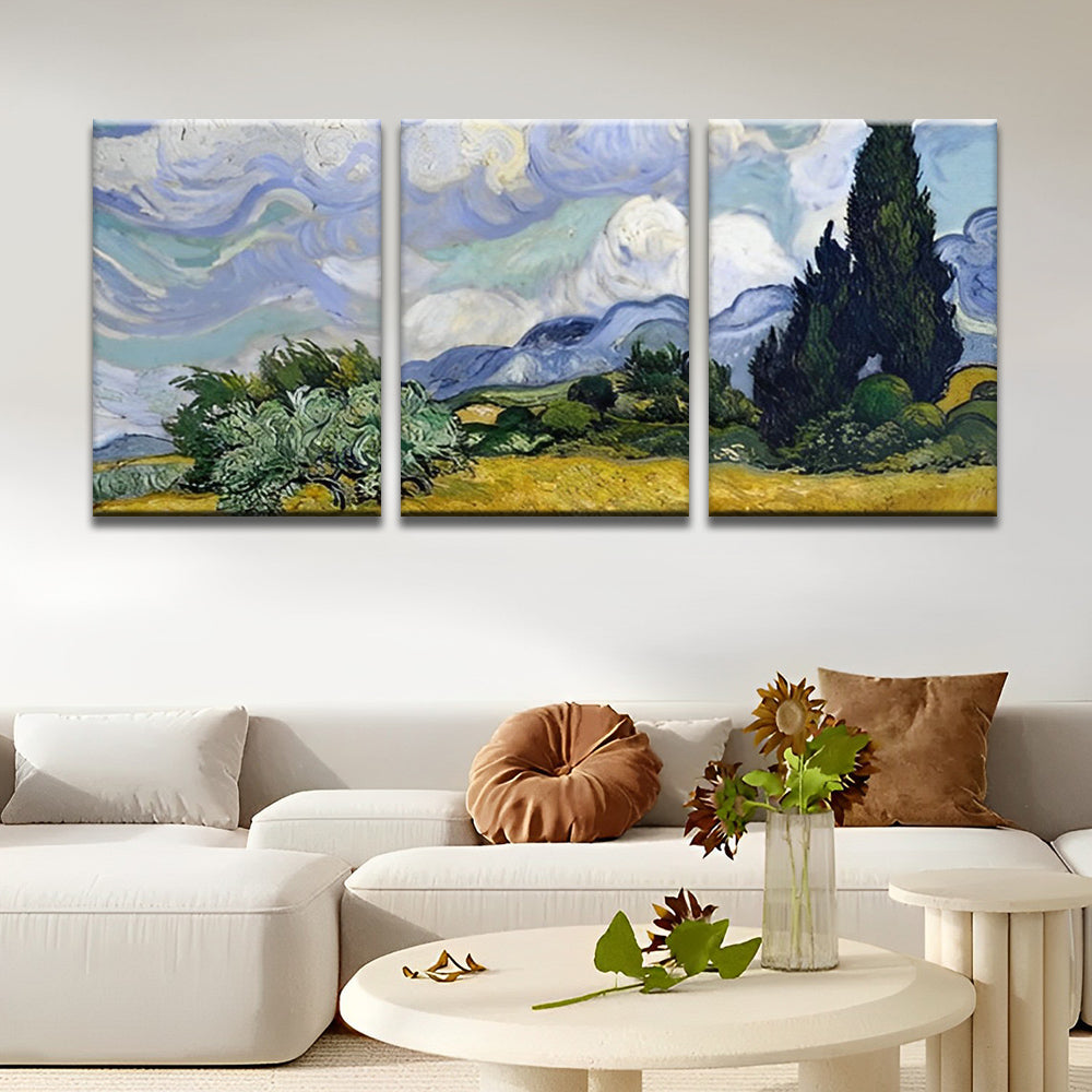 Malen nach Zahlen - Van Gogh Weizenfeld mit Zypressen 3-teilig Triptychon – Liebeart.de