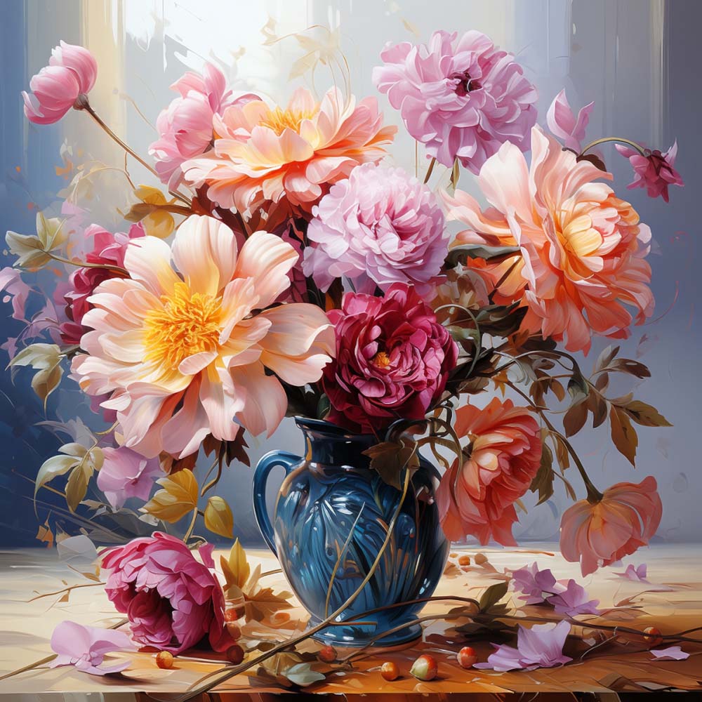 Malen nach Zahlen Erwachsene - Chrysanthemen in blauer Vase – Liebeart.de