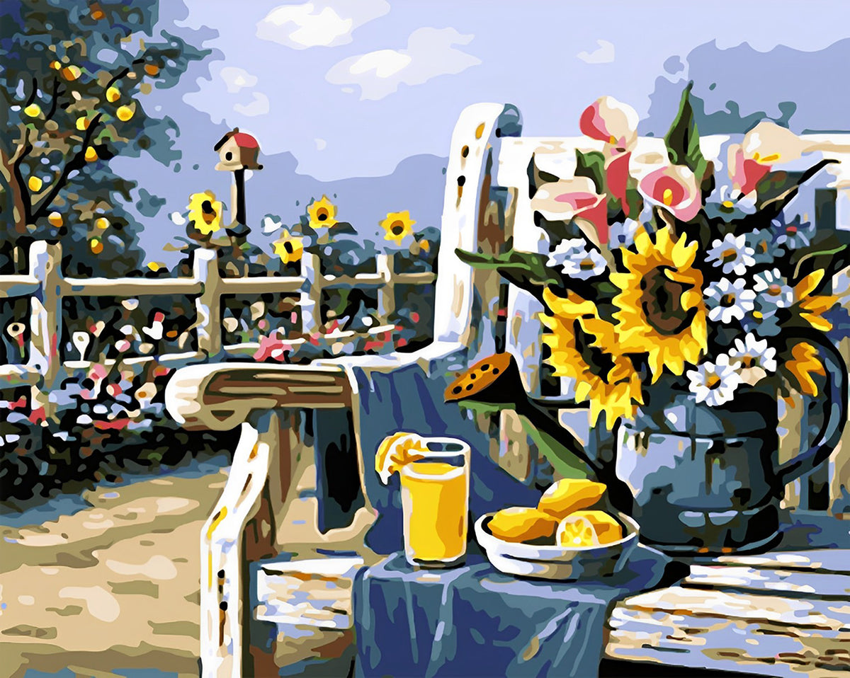 Malen nach Zahlen - Sonnenblumen und Saft auf der Bank – Liebeart.de